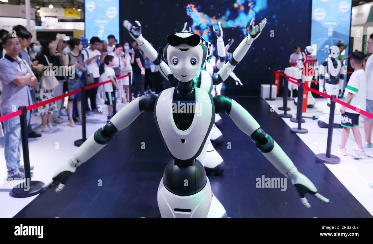 SHANGHAI, CHINA - JULY 6, 2023 - Human-like intelligent service robots perform a thousand-hand ...