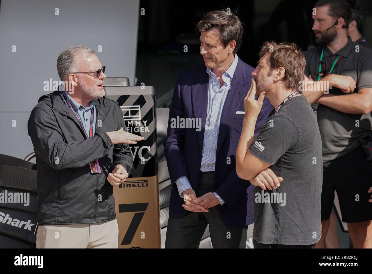 Silverstone, United Kingdom on 6 July 2023 Toto Wolff meets with APXGP race team, Brad Pitt film ...