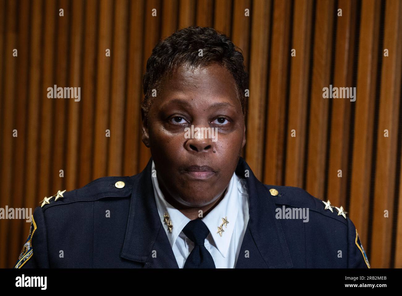 Chief Judith Harrison attends press briefing announcing citywide crime statistics for June at ...