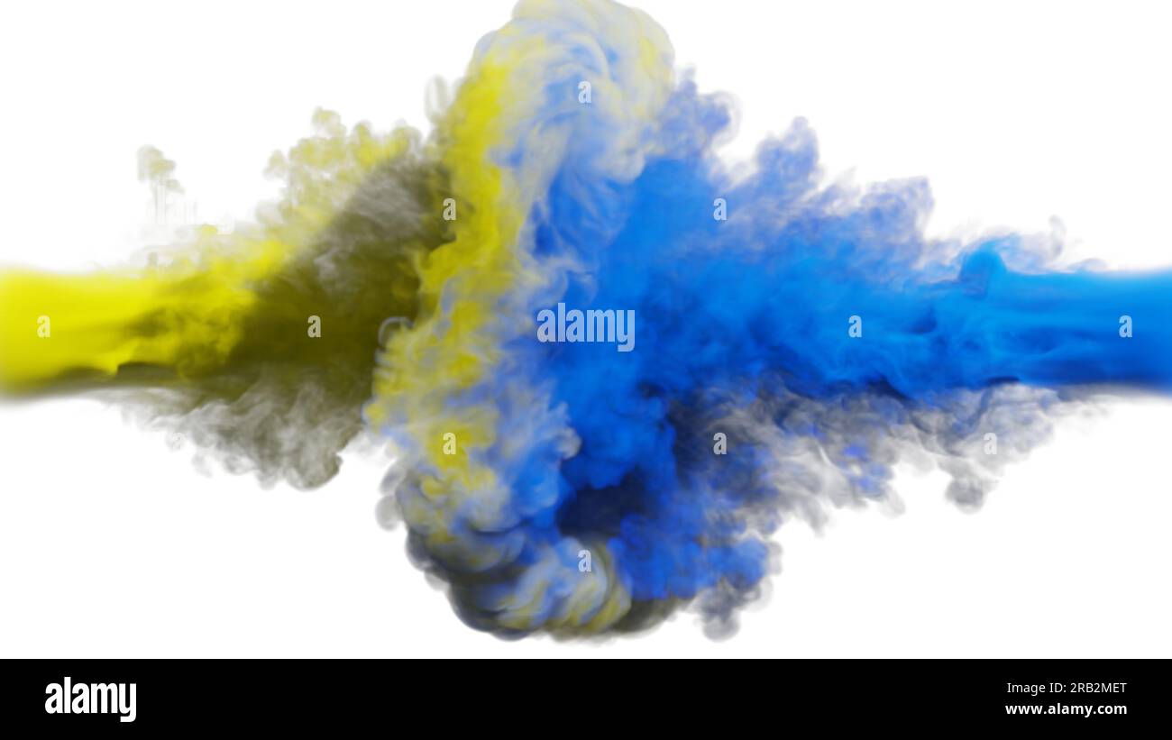 Puffs of yellow and blue smoke collide against a white background. 3d ...