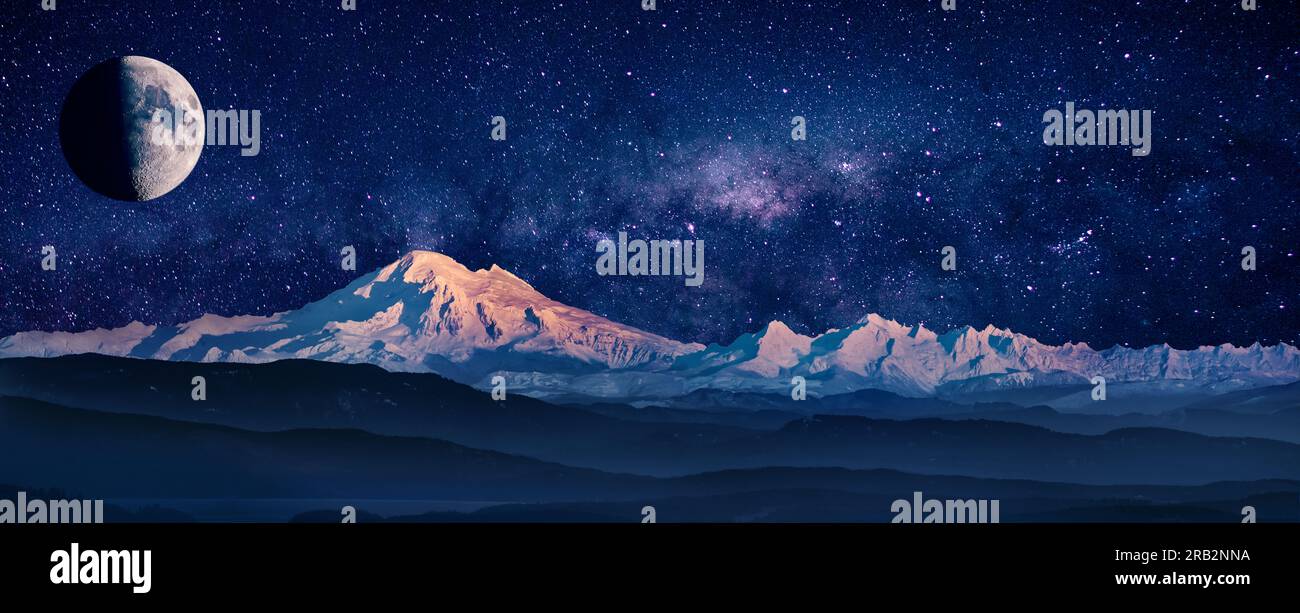 Starry nIght pano, telephoto image of snow capped Mt. Baker, Cascade ...