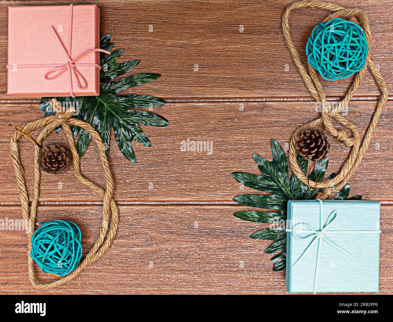 Christmas cluster high angle view gift boxes presented on rustic wooden ...