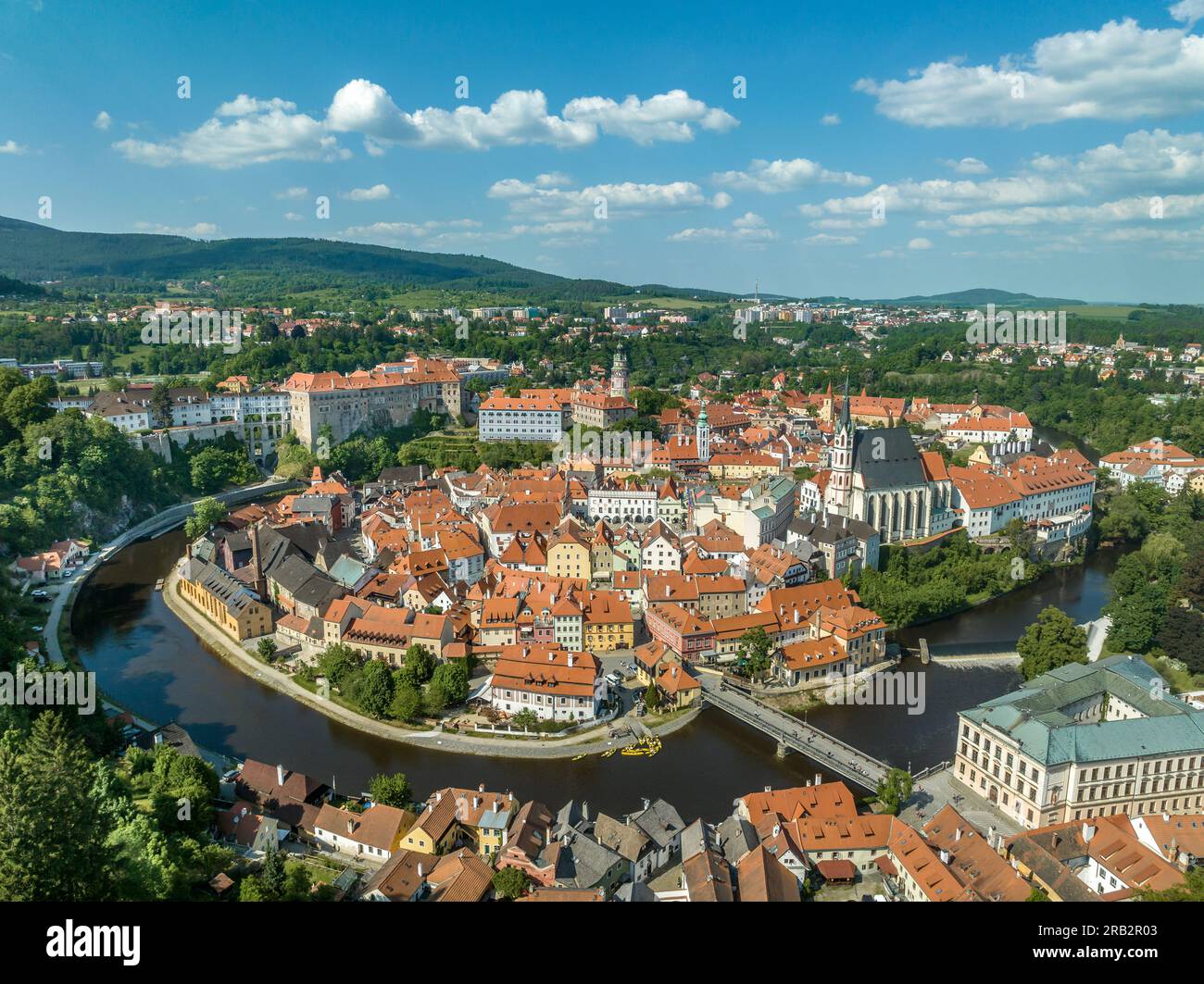 Aerial view of Cesky Krumlov medieval town surrounded by the Vltava ...