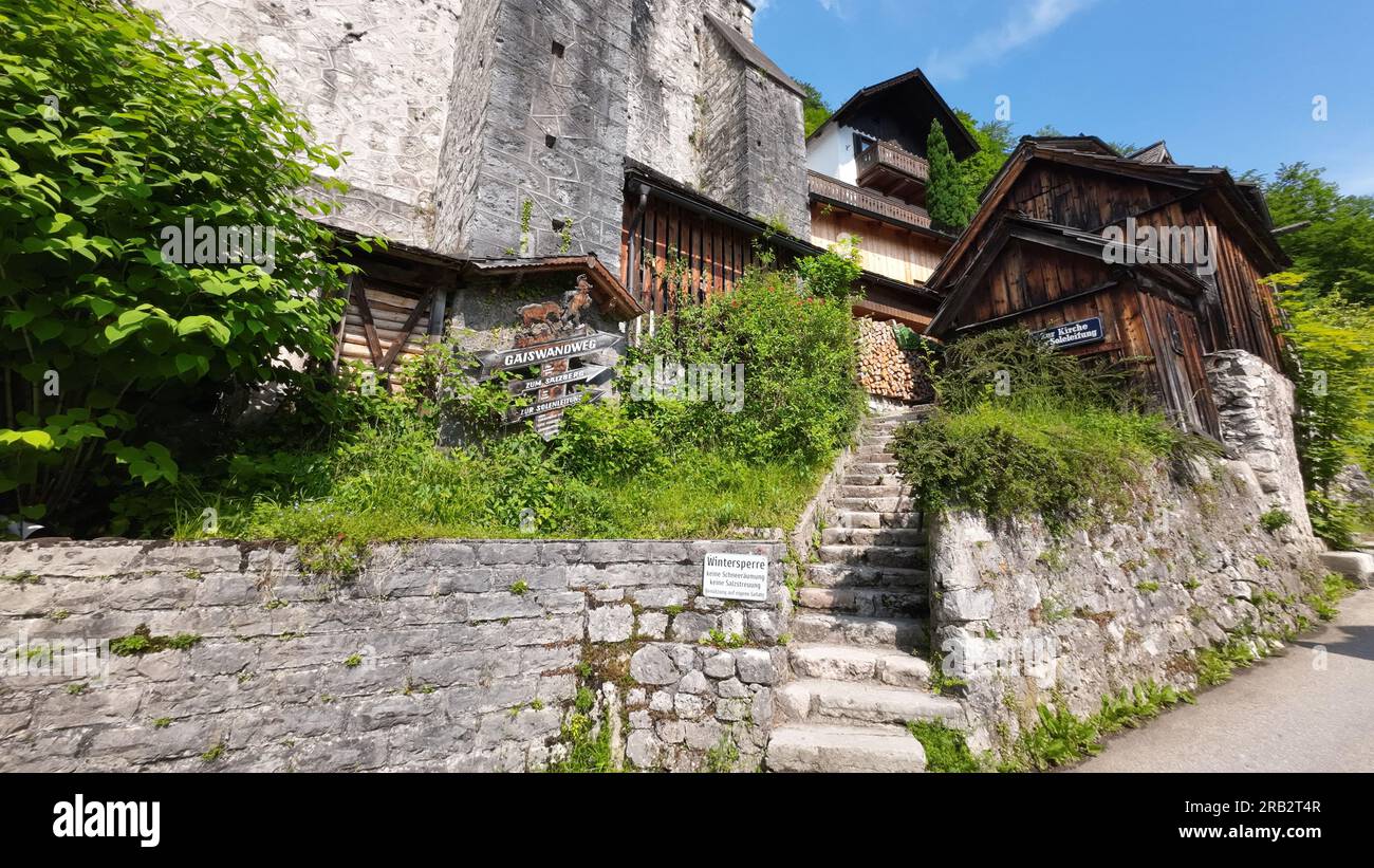 The stairs leading up to the house in Hallstatt town, Austria Stock ...