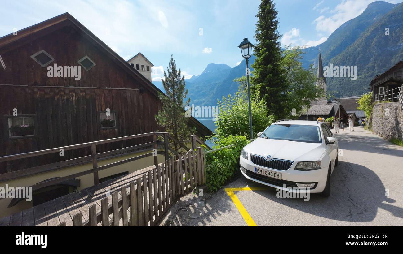Car on the street in Hallstatt town, Austria Stock Photo - Alamy