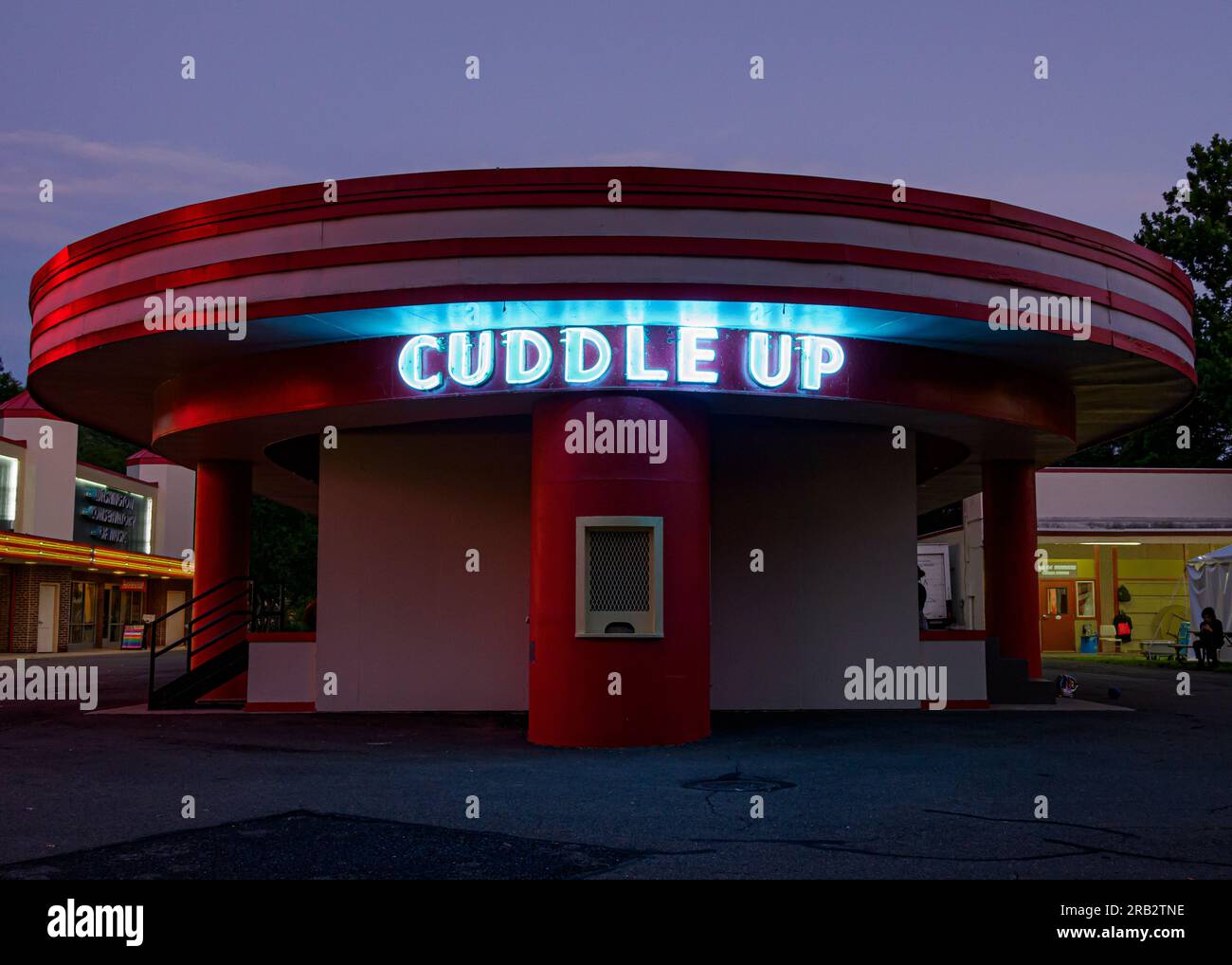 Cuddle Up Pavilion with neon sign lit at night, Glen Echo Park, MD, USA ...