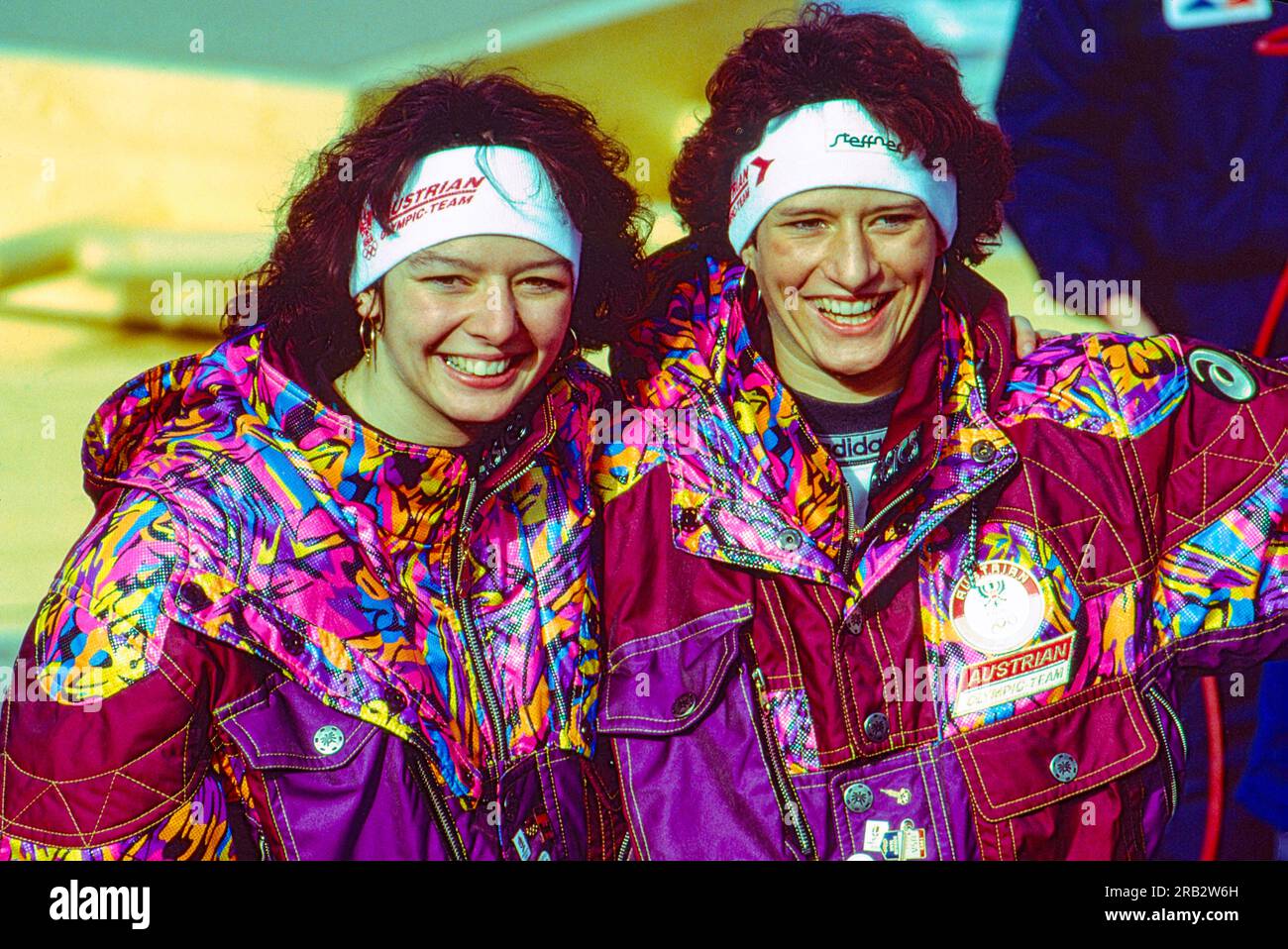 Doris Neuner (AUT) (R) gold medal winner, Olympic Champipn with her sister Angelika Neuner(AUT ...