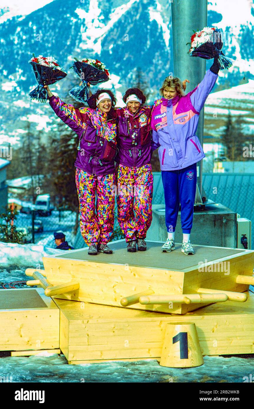 Doris Neuner (AUT) (C) gold medal winner, Olympic Champipn with her ...