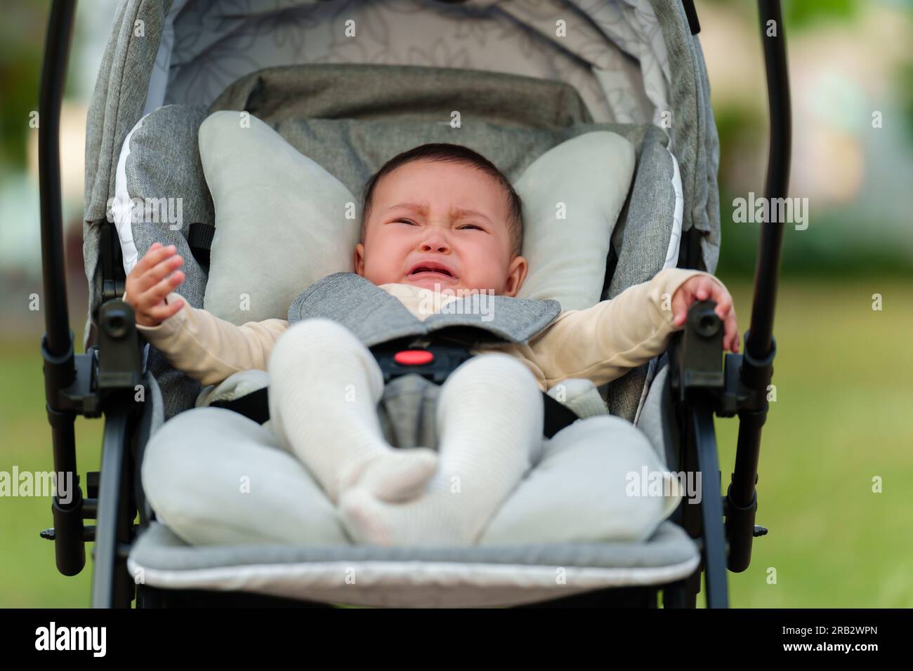 infant baby crying while sitting in the stroller Stock Photo - Alamy