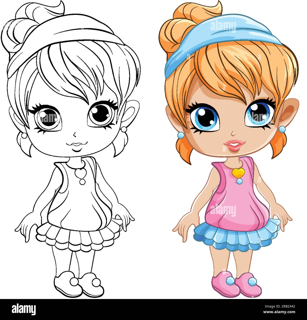 Cute girl cartoonl and its doodle coloring character illustration Stock ...