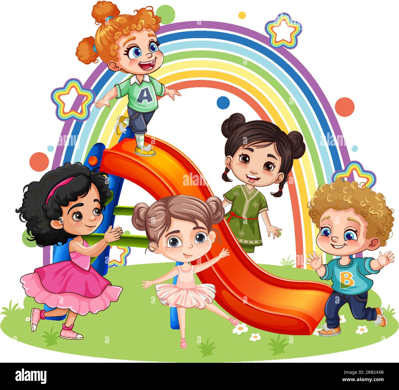 Children with different race playing at the playground slide ...