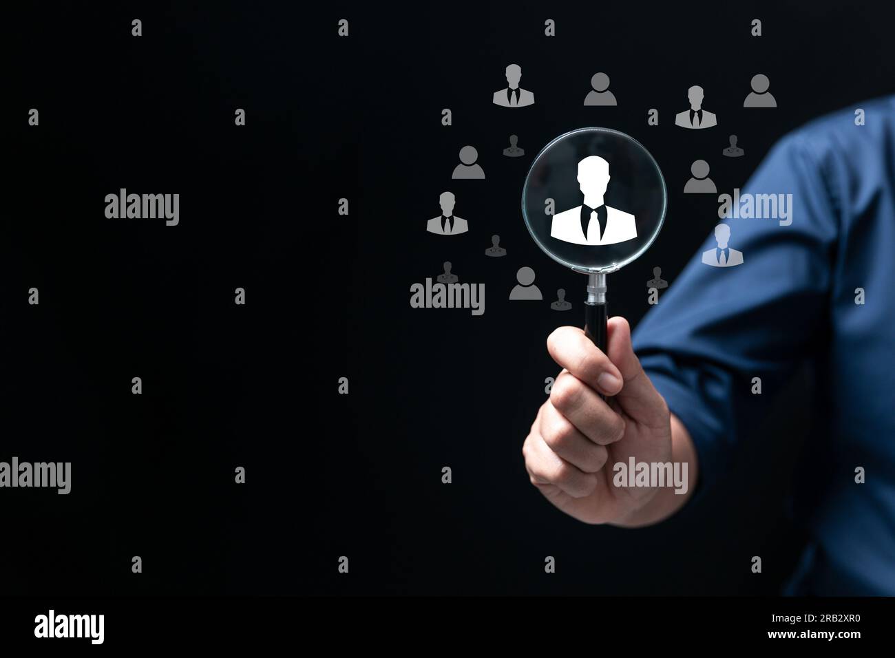 Headhunting, Recruitment and HRM all picking workers. Magnifier glass ...