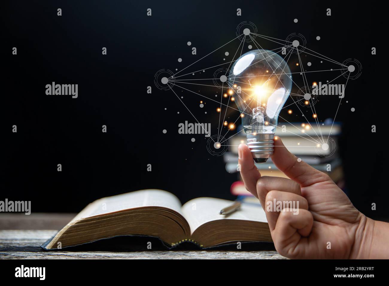 Light bulbs and books. Concept of reading books, knowledge, and searching for new ideas ...