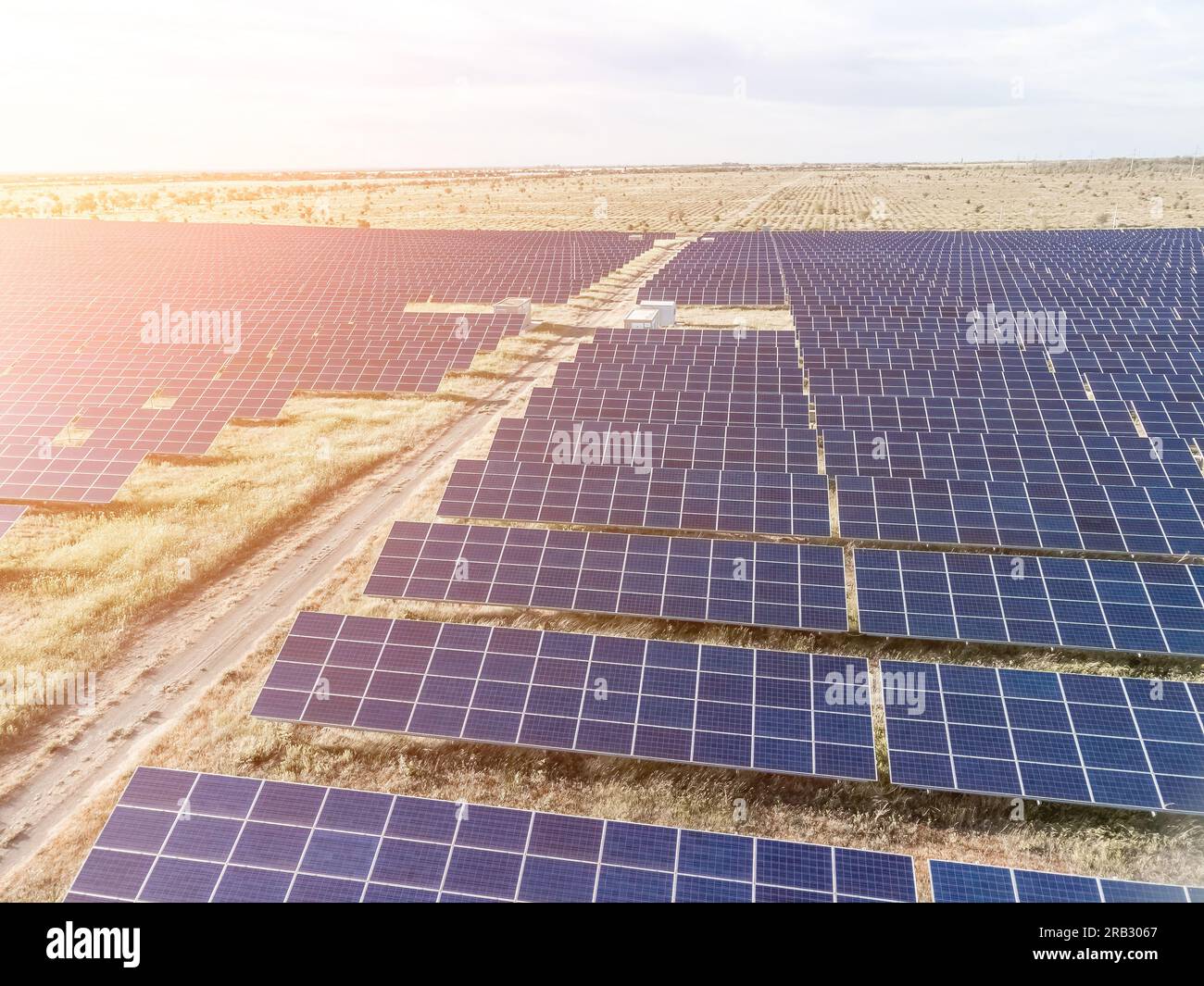 Aerial top view of a solar panels power plant. Photovoltaic solar ...