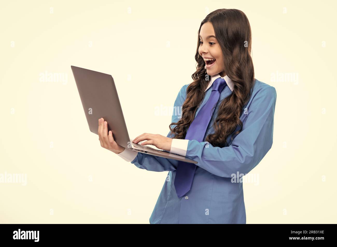 Student school girl with laptop on isolated studio background. Video ...
