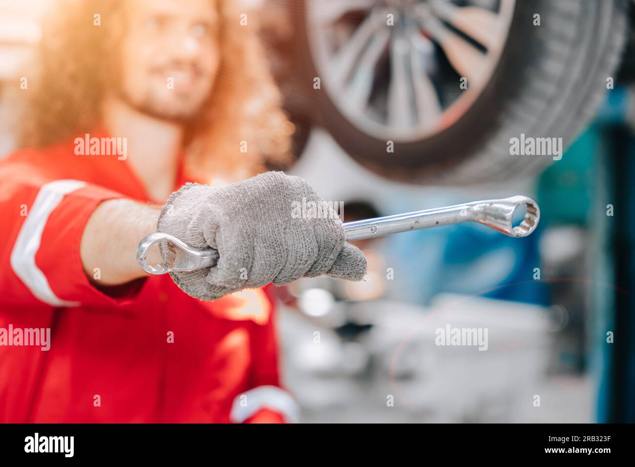 Happy mechanic worker tire service running schedule check automotive ...