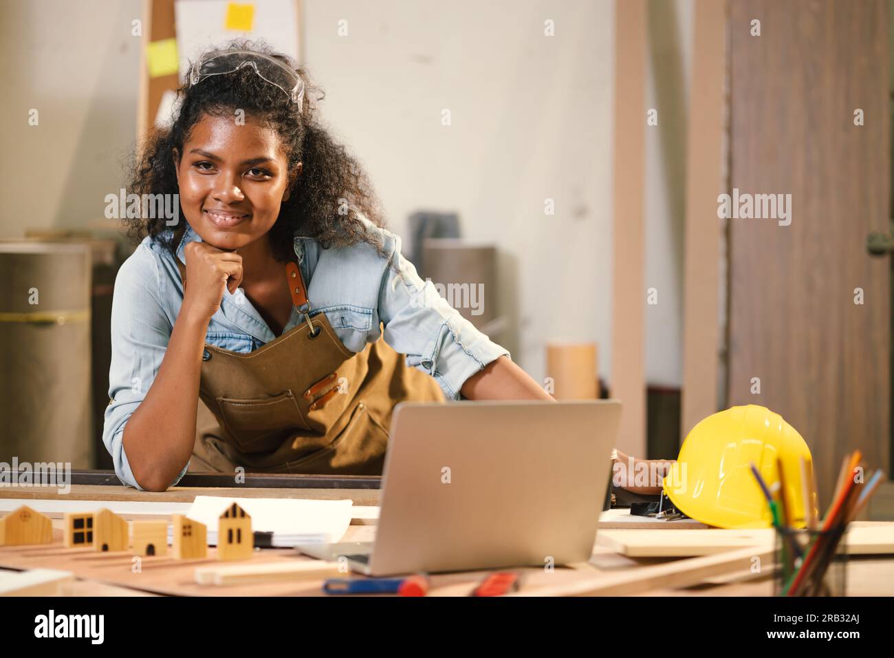 Carpenter Woman Woodworking In Workshop Designer Building Wood Home ...