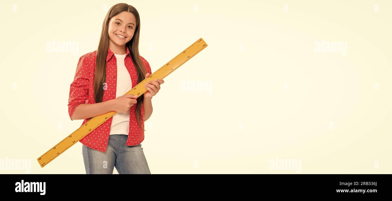 happy teen girl hold ruler study math at school isolated on white ...