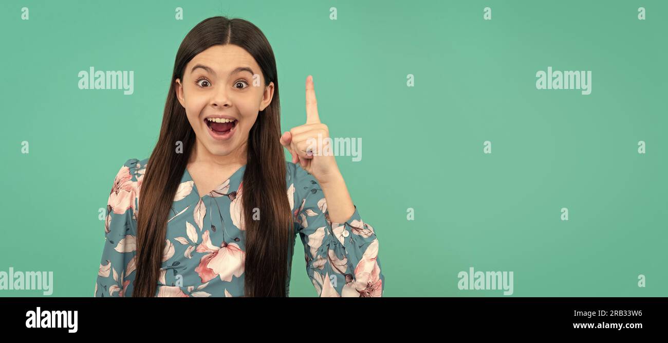 Aha. Happy kid got idea blue background. Eureka moment. Girl genius ...