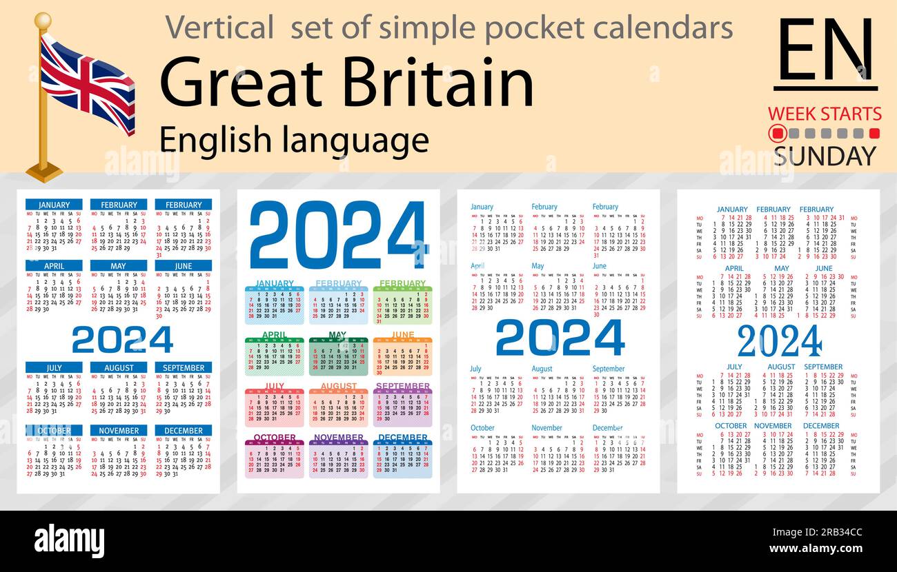 English vertical set of pocket calendar for 2024 (two thousand twenty ...