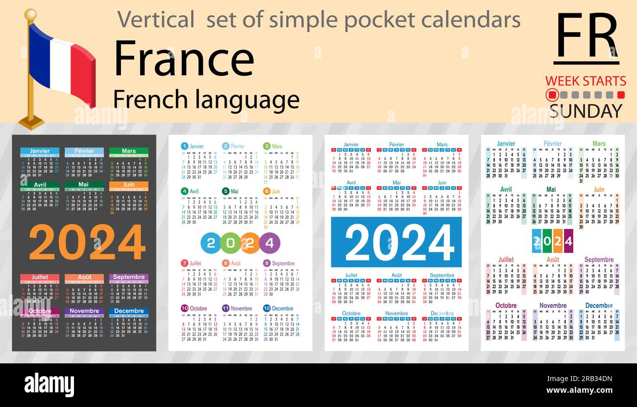 French vertical set of pocket calendar for 2024 (two thousand twenty ...