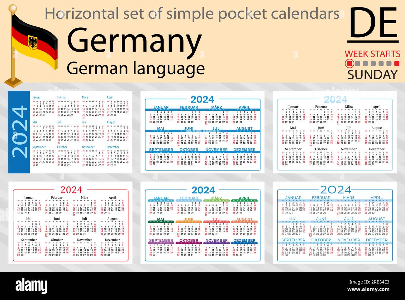 German horizontal set of pocket calendar for 2024 (two thousand twenty ...