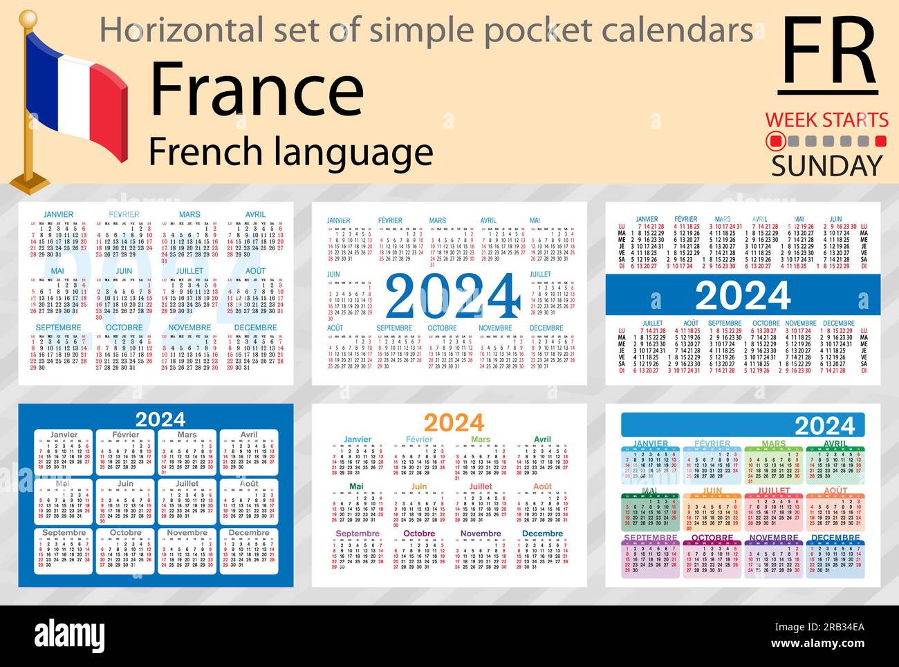 French horizontal set of pocket calendar for 2024 (two thousand twenty ...