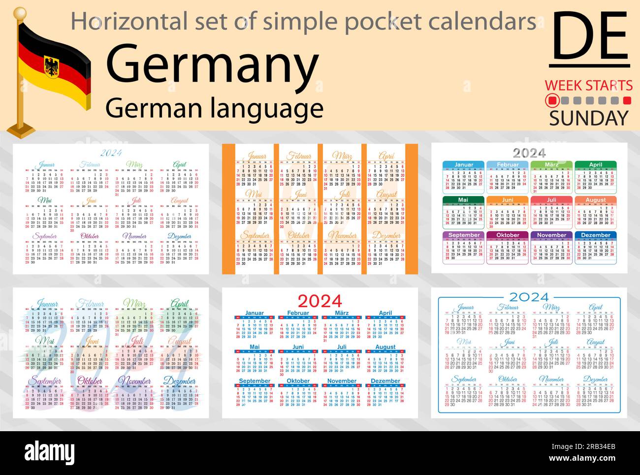 German horizontal set of pocket calendar for 2024 (two thousand twenty ...