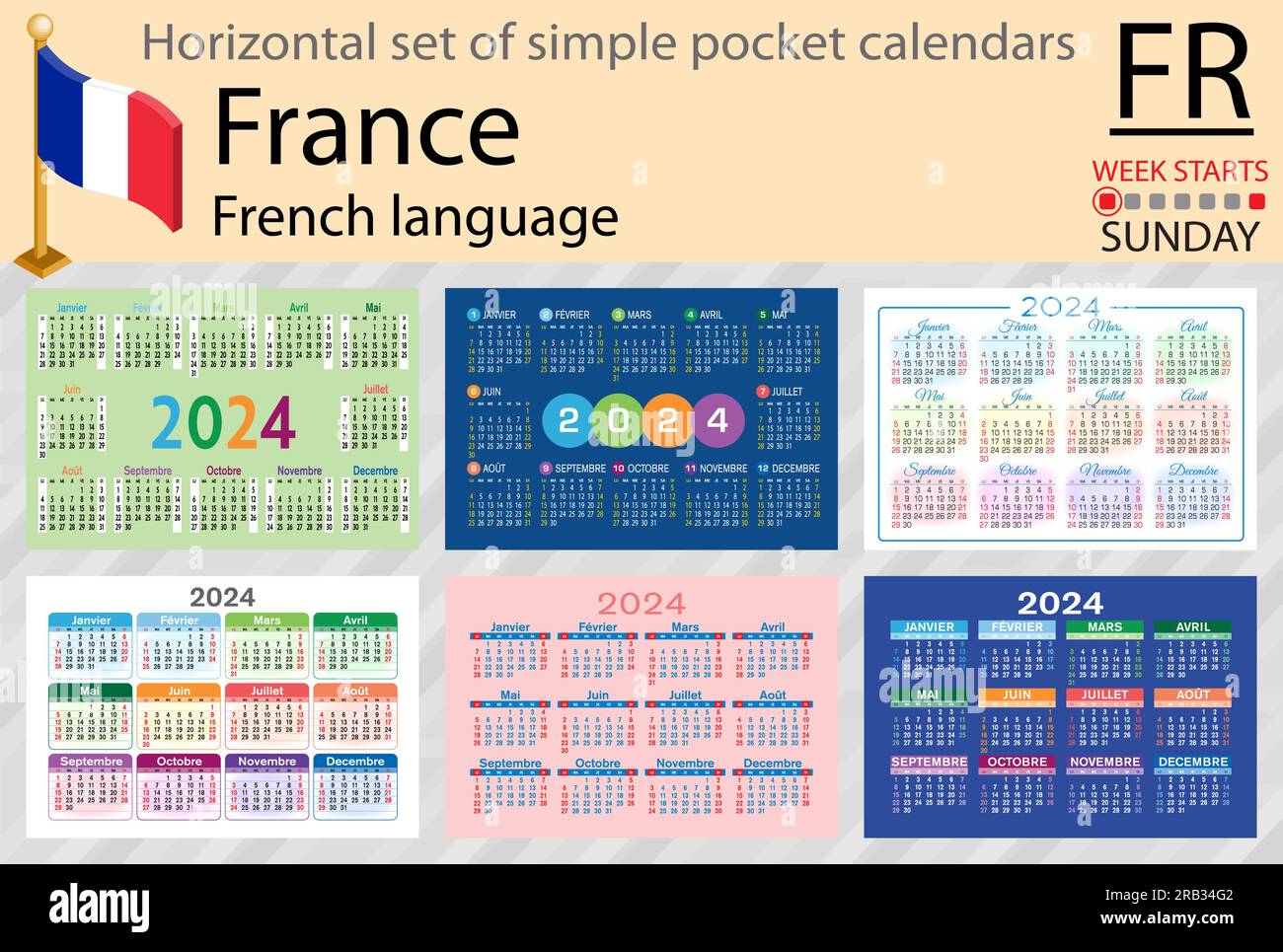 French horizontal set of pocket calendar for 2024 (two thousand twenty ...