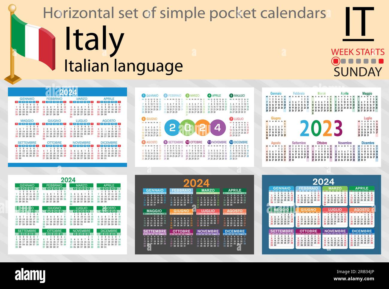Italian horizontal set of pocket calendar for 2024 (two thousand twenty ...