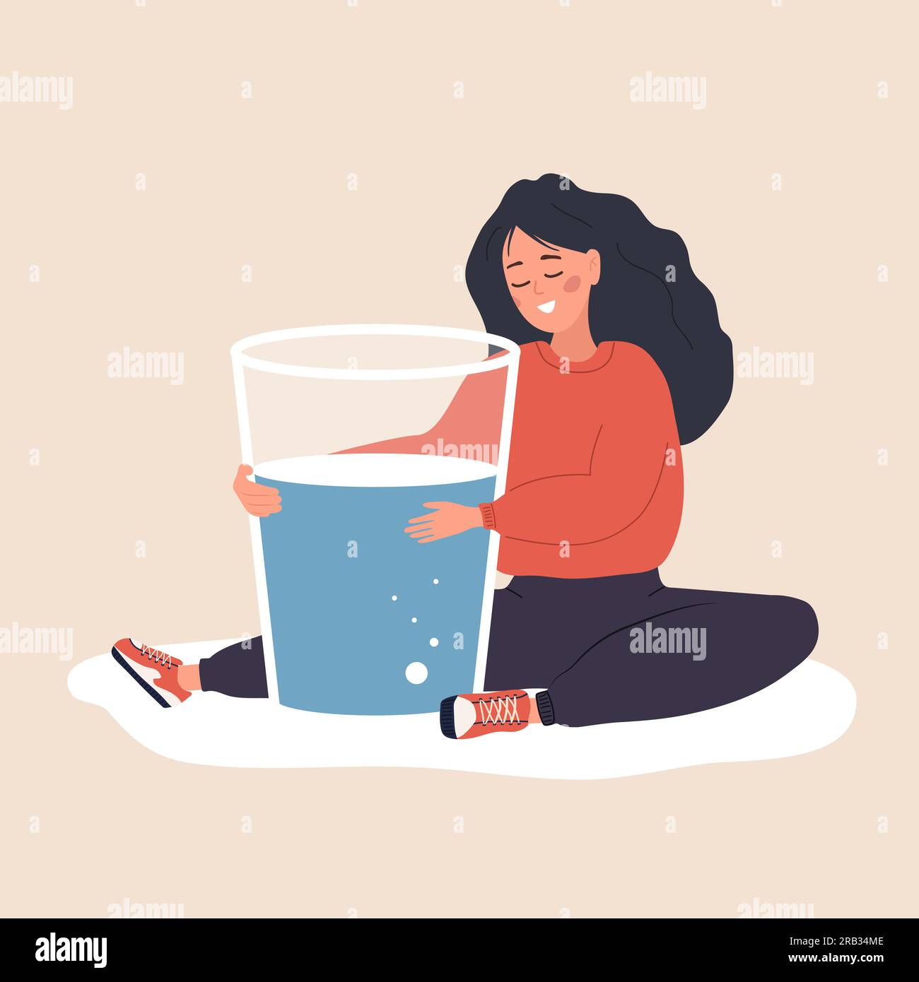 Water balance. Thirsty woman hugs large glass of pure water. Morning ...