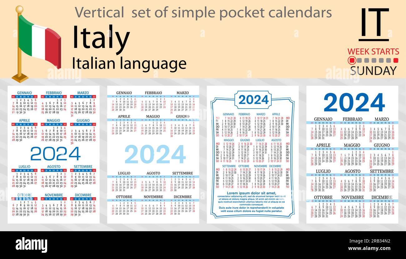 Italian vertical set of pocket calendar for 2024 (two thousand twenty ...