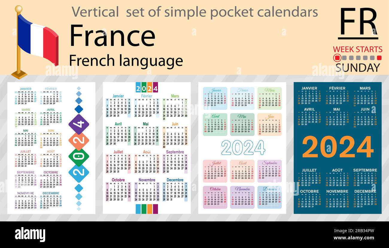 French vertical set of pocket calendar for 2024 (two thousand twenty ...