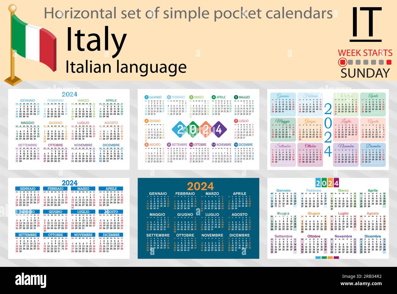 Italian horizontal set of pocket calendar for 2024 (two thousand twenty ...