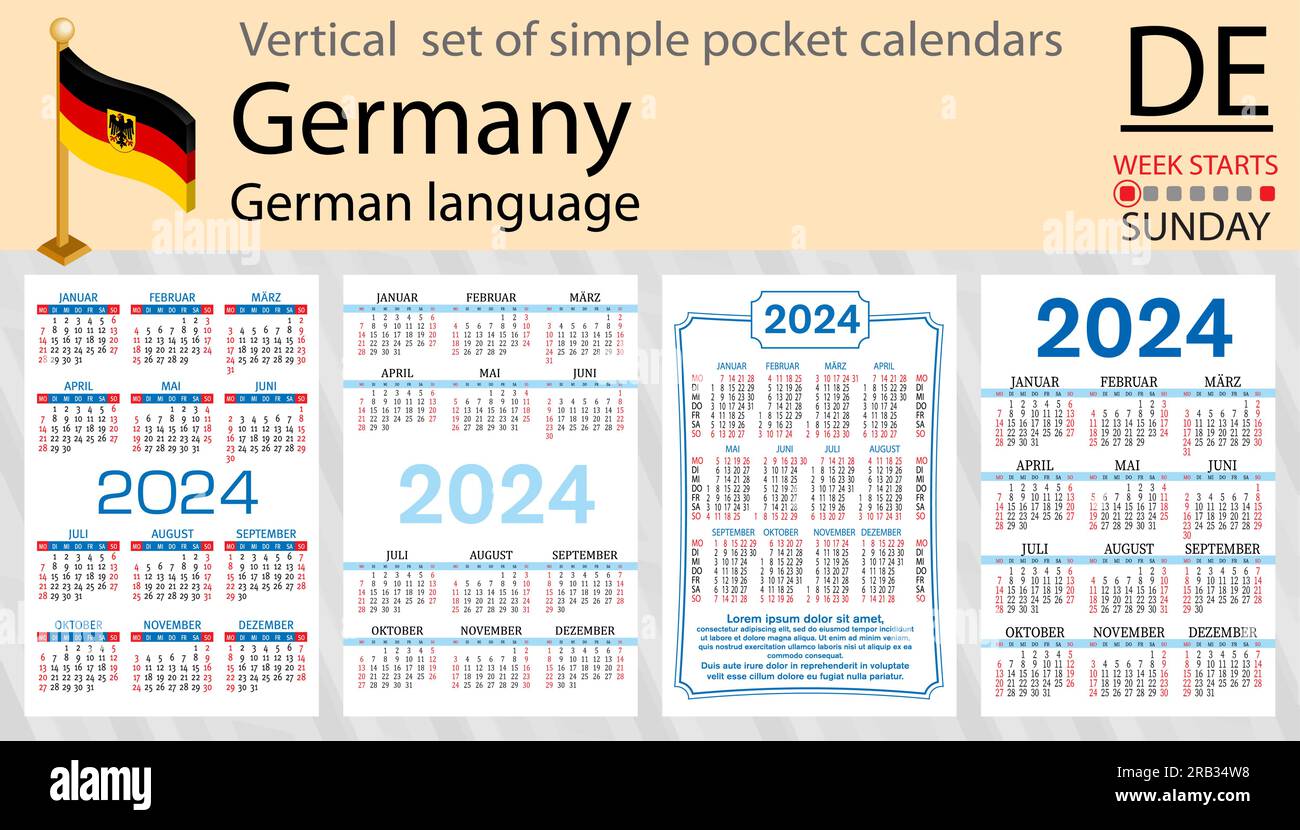 German vertical set of pocket calendar for 2024 (two thousand twenty ...