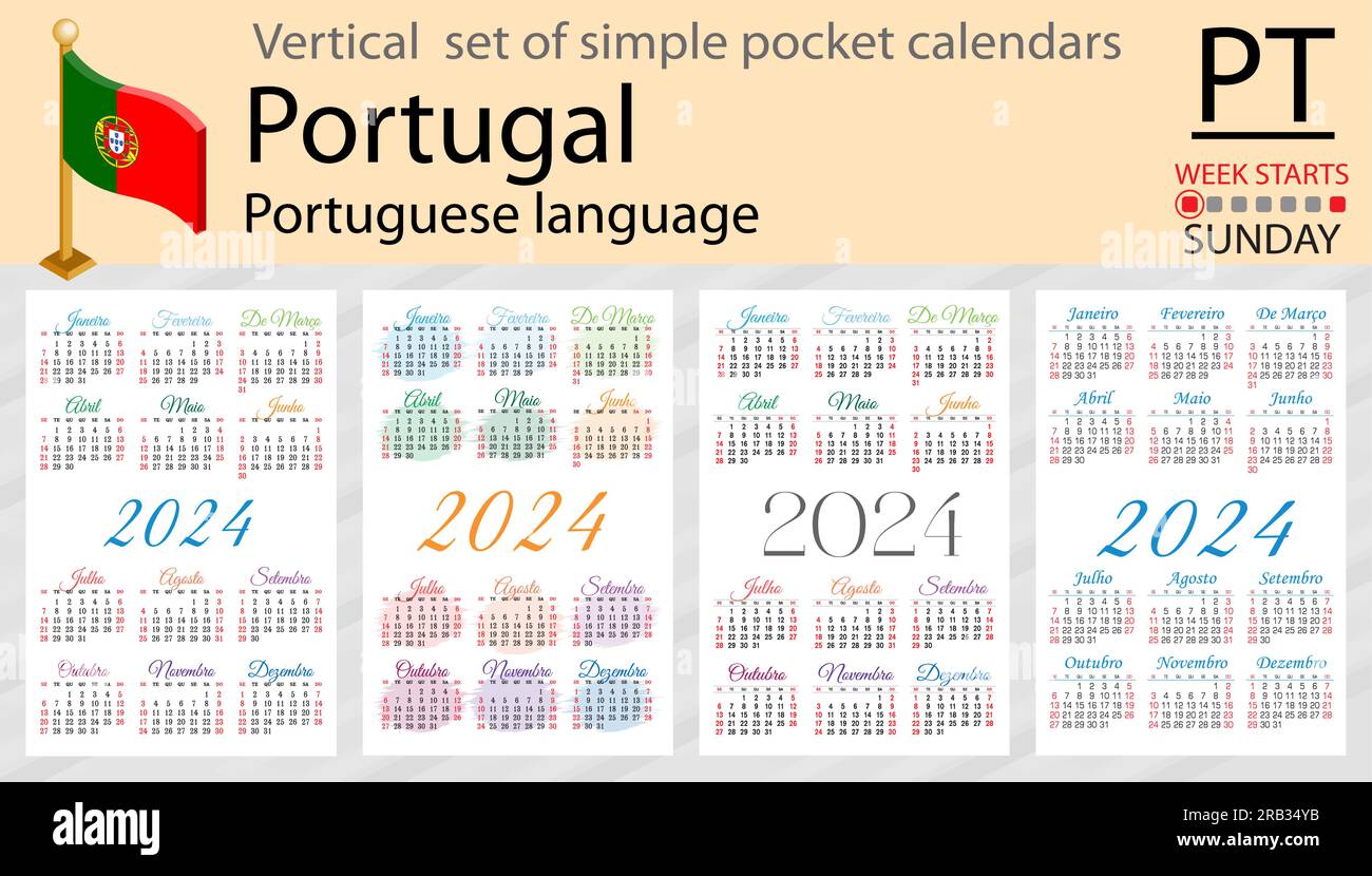 Portuguese vertical set of pocket calendar for 2024 (two thousand ...