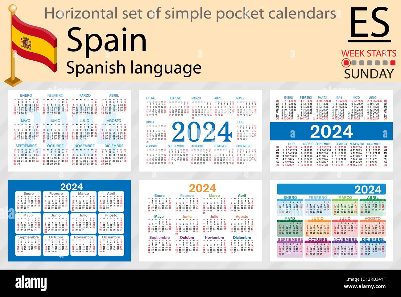 Spanish horizontal set of pocket calendar for 2024 (two thousand twenty ...