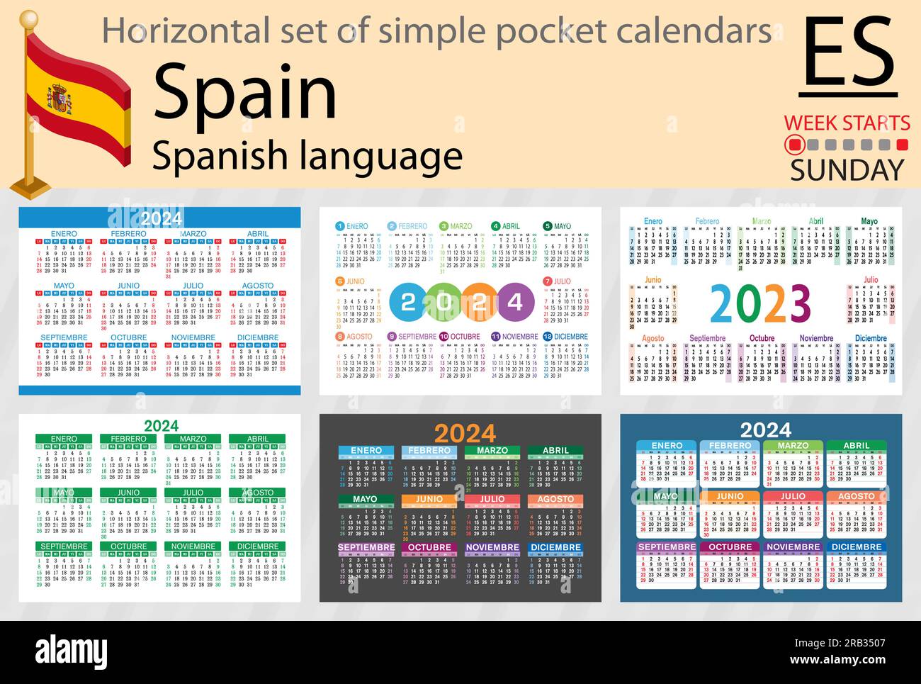 Spanish horizontal set of pocket calendar for 2024 (two thousand twenty ...