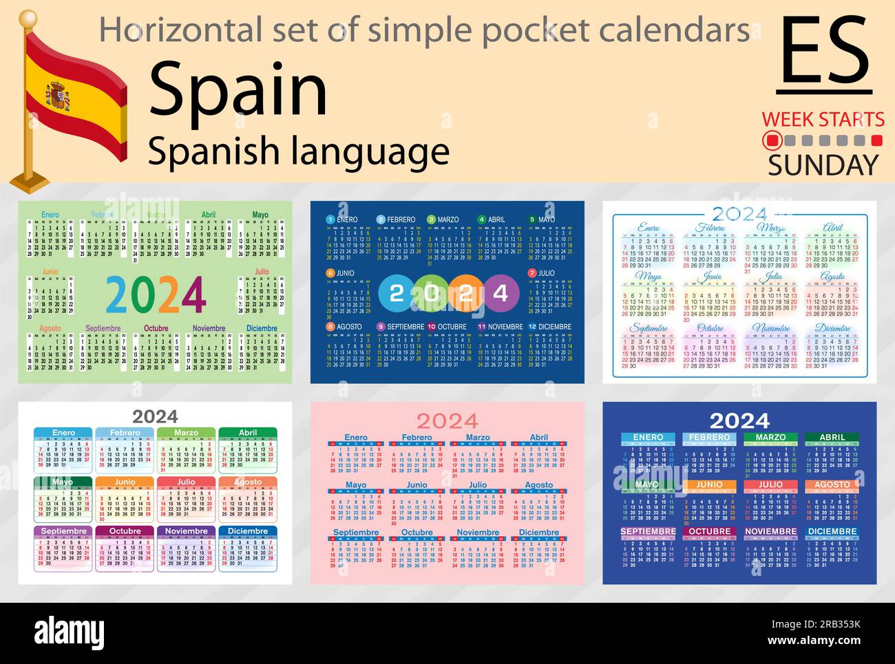 Spanish horizontal set of pocket calendar for 2024 (two thousand twenty ...