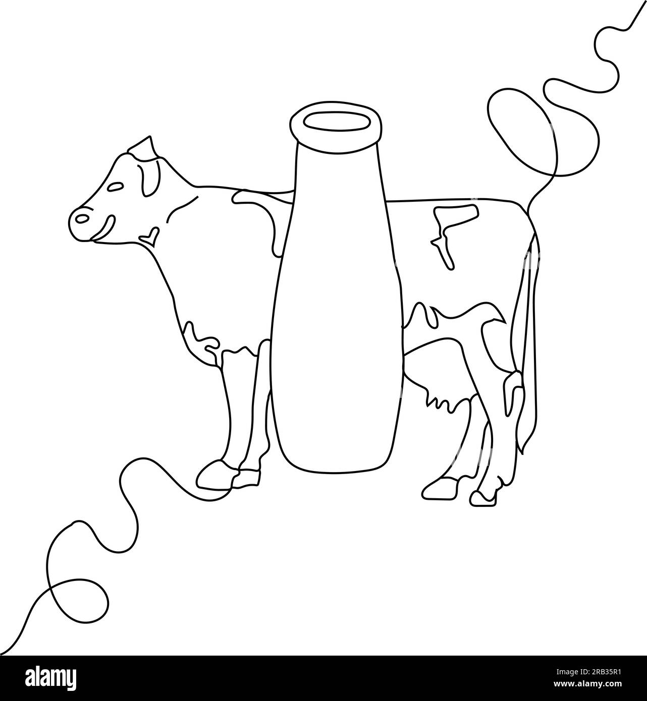 One solid line drawing vector illustration of cow and bottle of milk ...