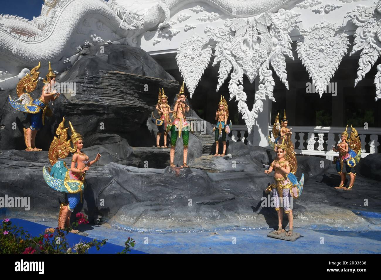 Various types of Thai mythological animal sculptures decorated to make ...