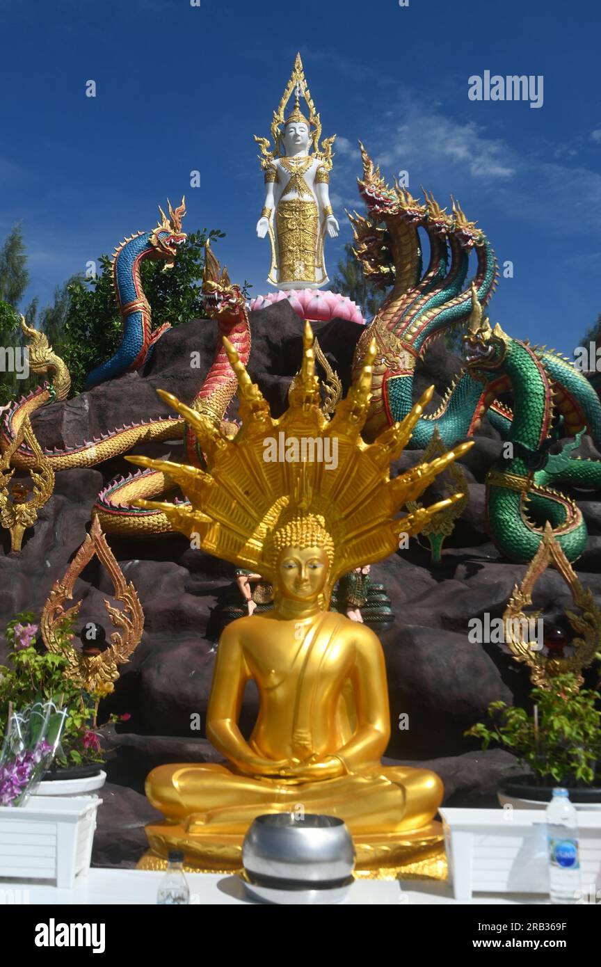 Group of beautiful statues of Buddha images, angels and Nagas at Wat ...