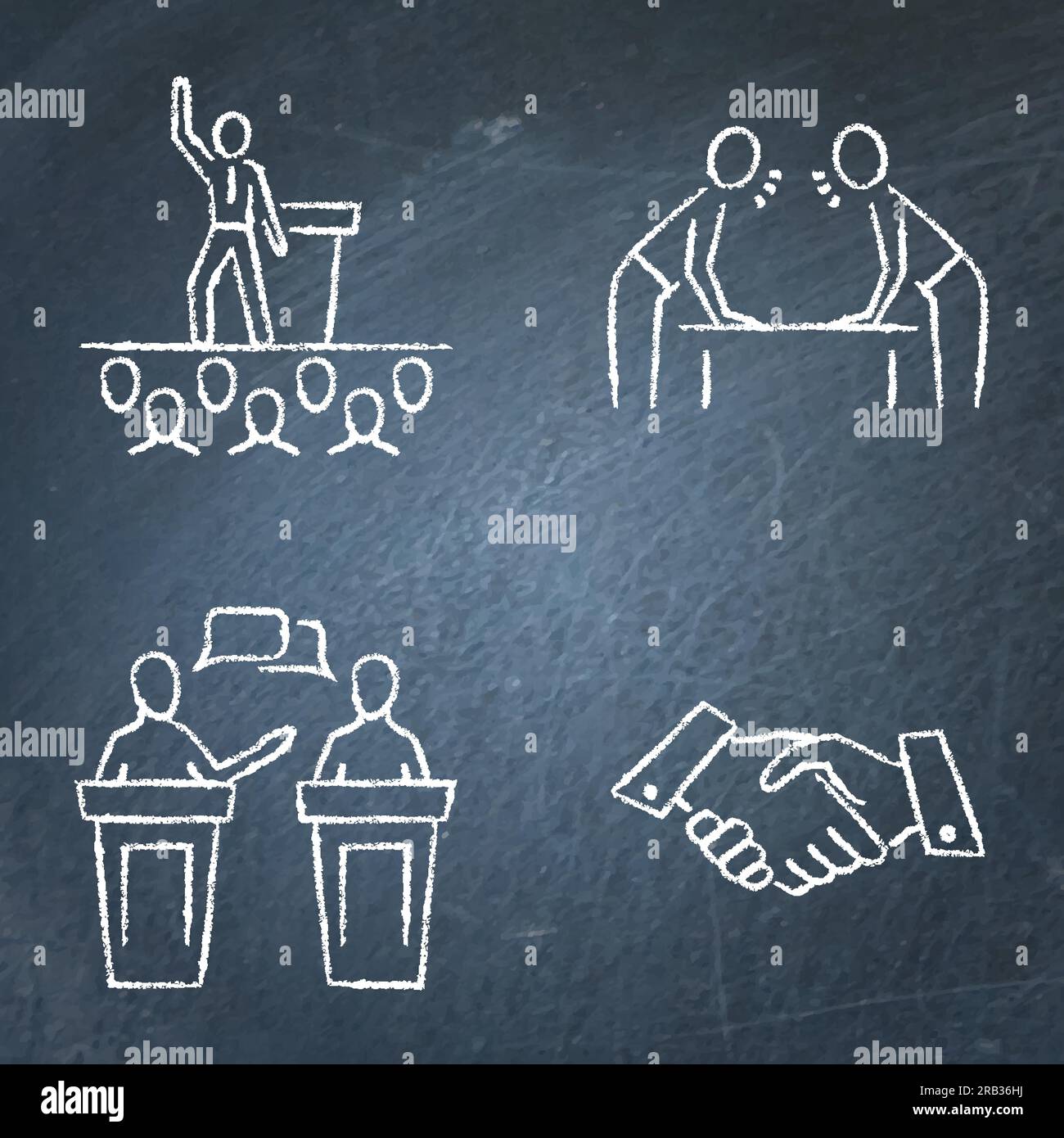 Public speech and political debates chalkboard icon set. Conference ...
