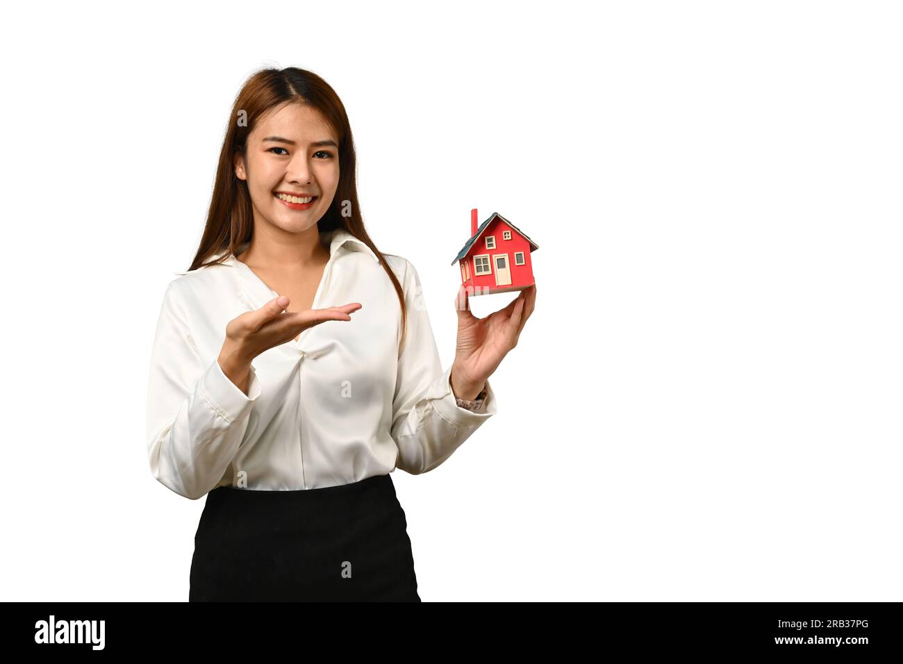 Realtor showing and presenting house model on white background. Real ...