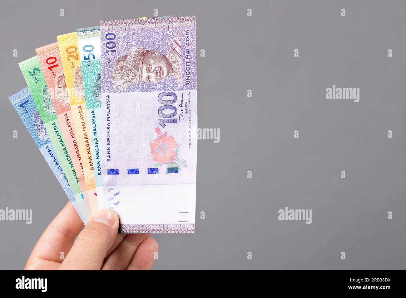 Malaysian money - ringgit in the hand on a gray background Stock Photo ...