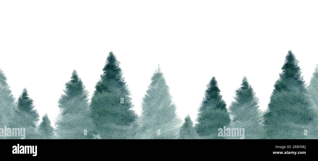 Watercolor abstract spruce tree seamless border. Forest template, Winter foggy woodland ...