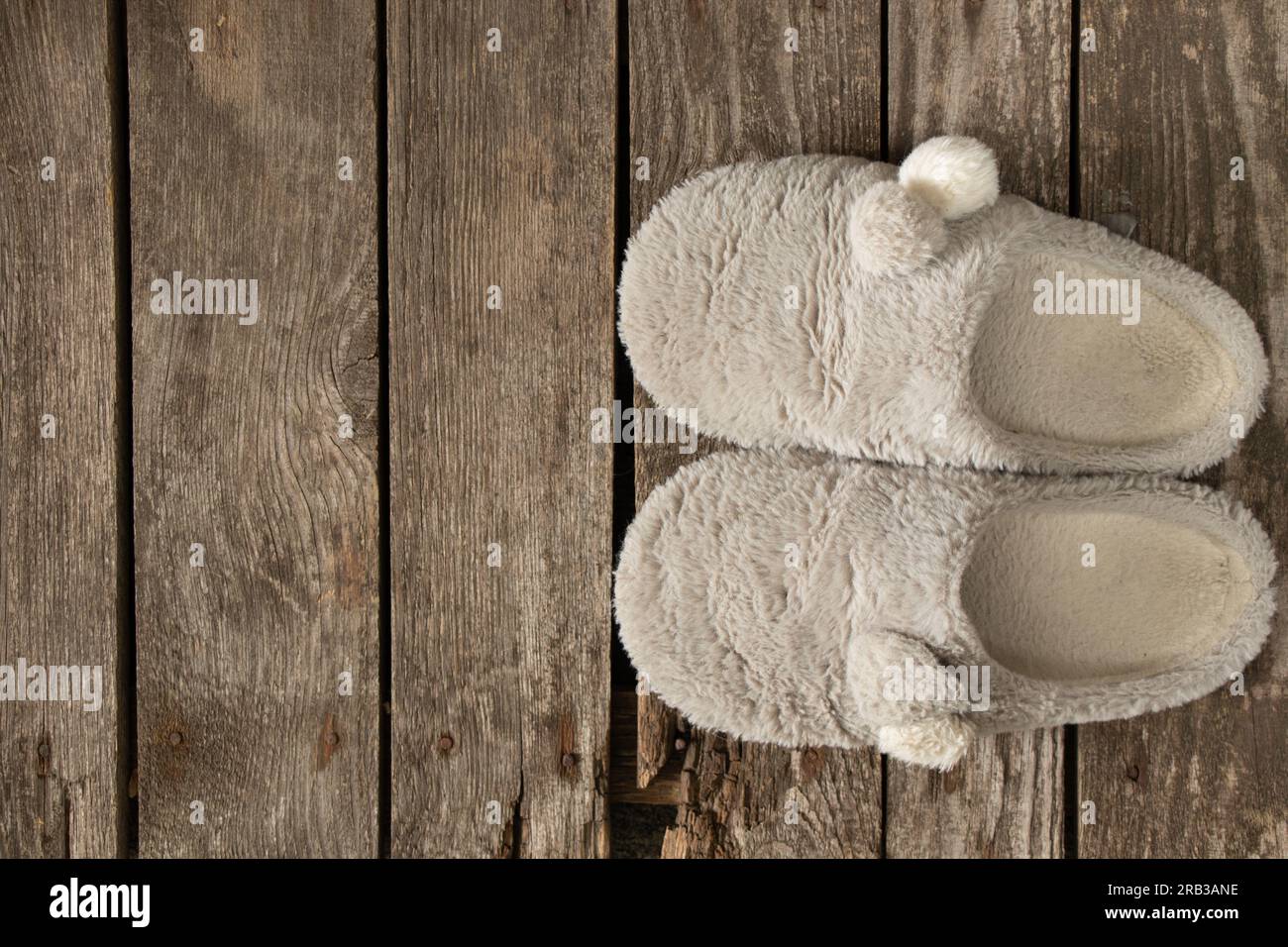 gray soft house slippers stand on the wooden floor top to bottom view ...