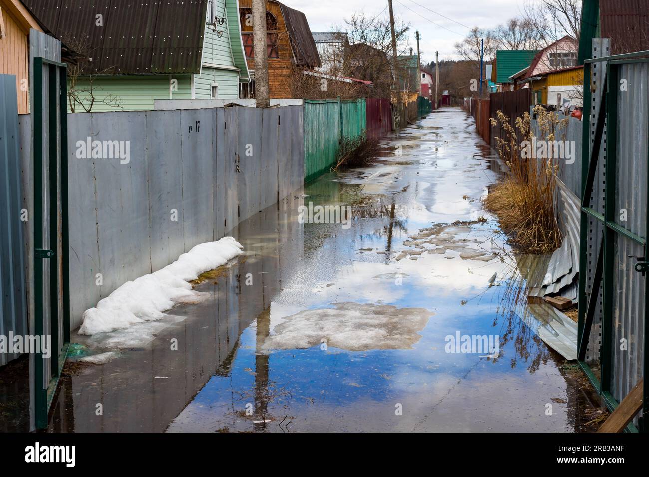 Flooded territory of summer cottages during spring floods. Lots of ...