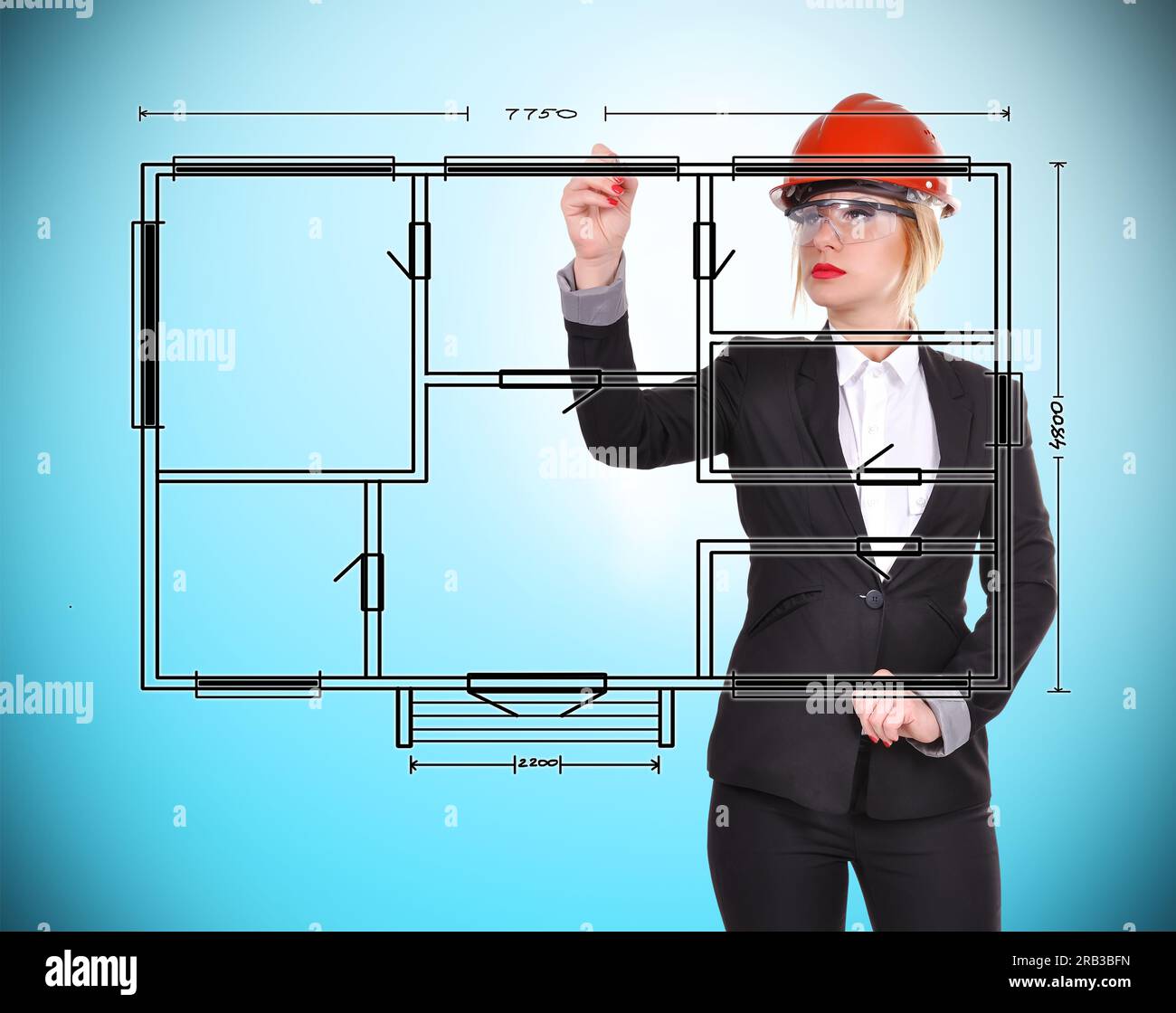 Woman engineer drawing blueprint on a blue background Stock Photo - Alamy