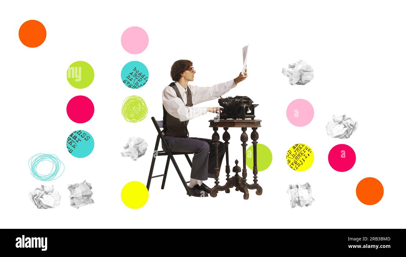 Contemporary art collage. Smart, concentrated, talented man sitting at ...
